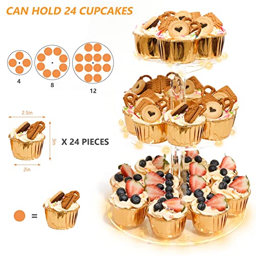 HURZMORO 3 Tier Round Acrylic Cupcake Tower Stand for 24 Cupcakes, Dessert Stands with LED String Light,3 in 1 Ice Cream Lolliopop Cupcake Display for Birthday Wedding Graduation Baby Shower Tea Party