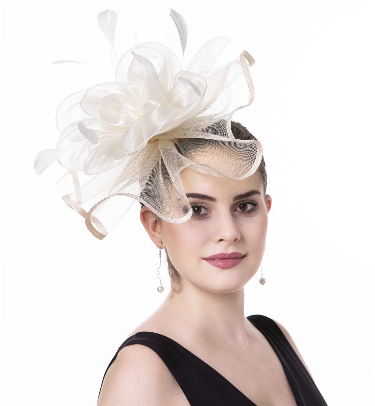 Fascinator Women's Organza Church Kentucky Derby British Bridal Tea Party Wedding Hat Summer Ruffle Hat, Medium(HJ2-Beige Flower)