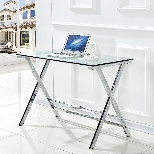 SMARTIK Modern Glass Computer Desk, Clear Study Table - Gaming Desks, Study Desk, and Workstation Table for Small Spaces - Stainless Steel Frame 43.5" x 21.7" x 29.9"