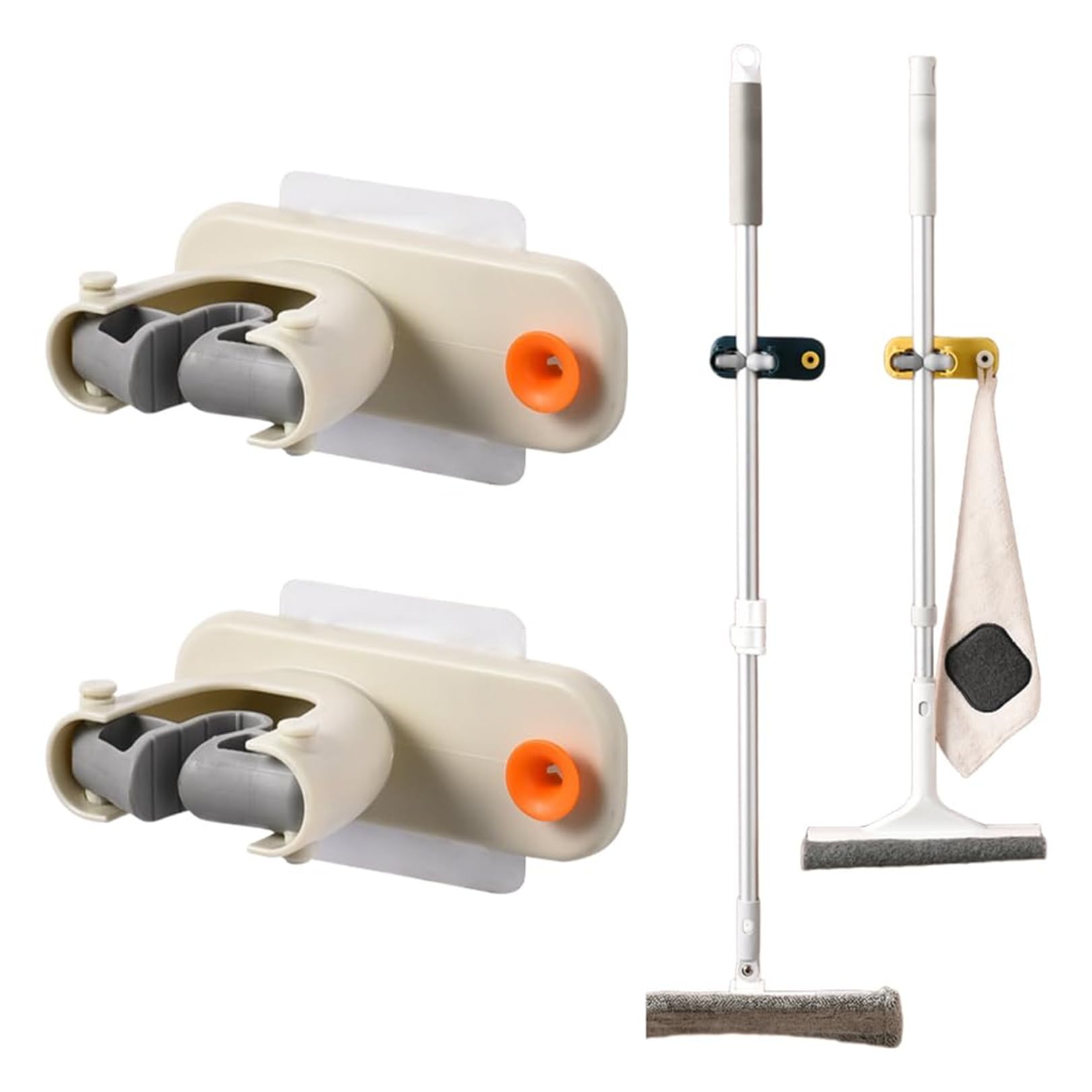 NEIMENG 2024 New Self Adhesive Mop Holder Broom Holder No Drill Wall Mounted Mop and Broom Holder with Hook Hanger for Mop Broom Tool Brush Towel Storage (2pcs),Beige