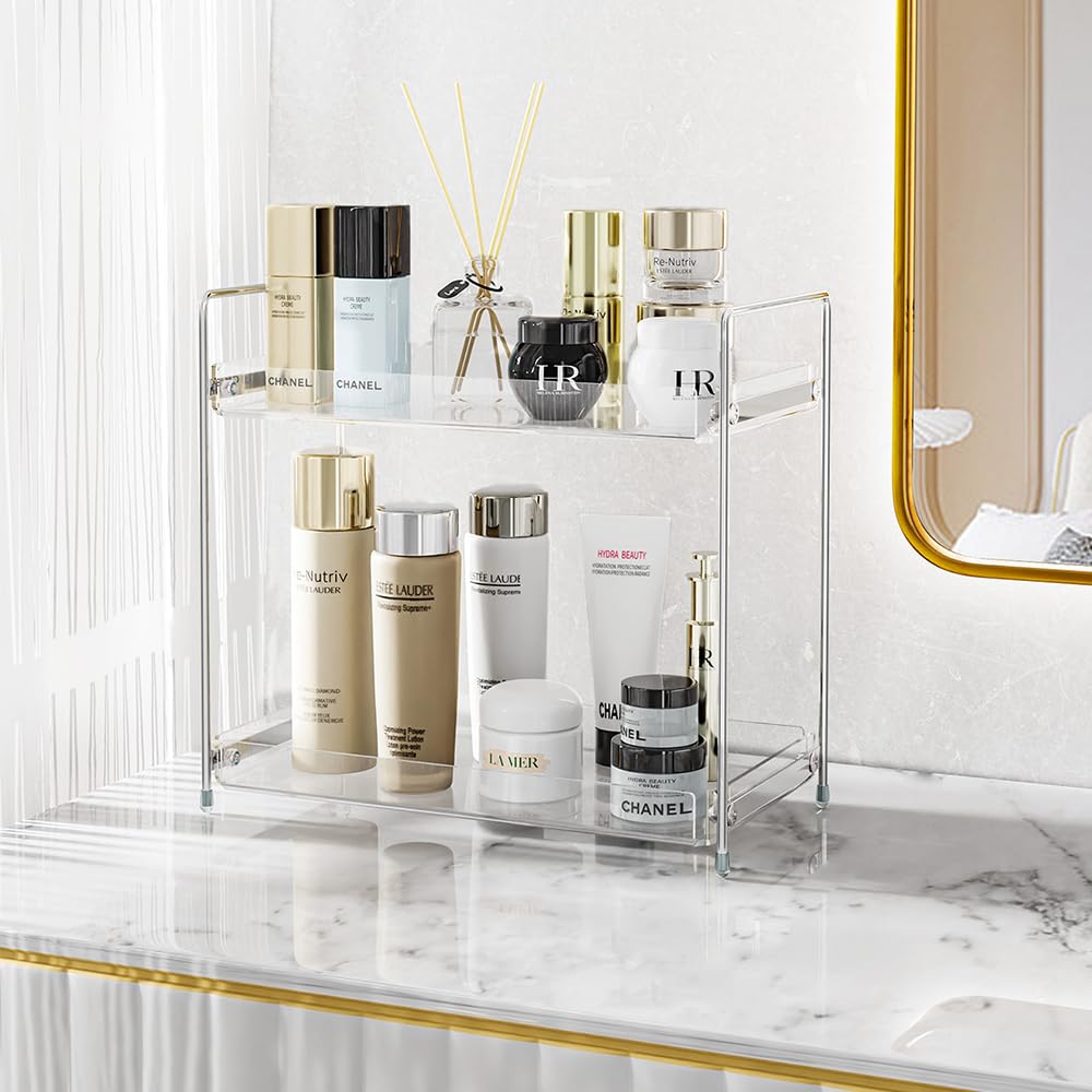 KINGBERWI 2 Tier Bathroom Counter Organizer, Acrylic Makeup Skincare Organizers for Vanity Perfume Tray, Clear Bathroom Sink Countertop Storage Shelf