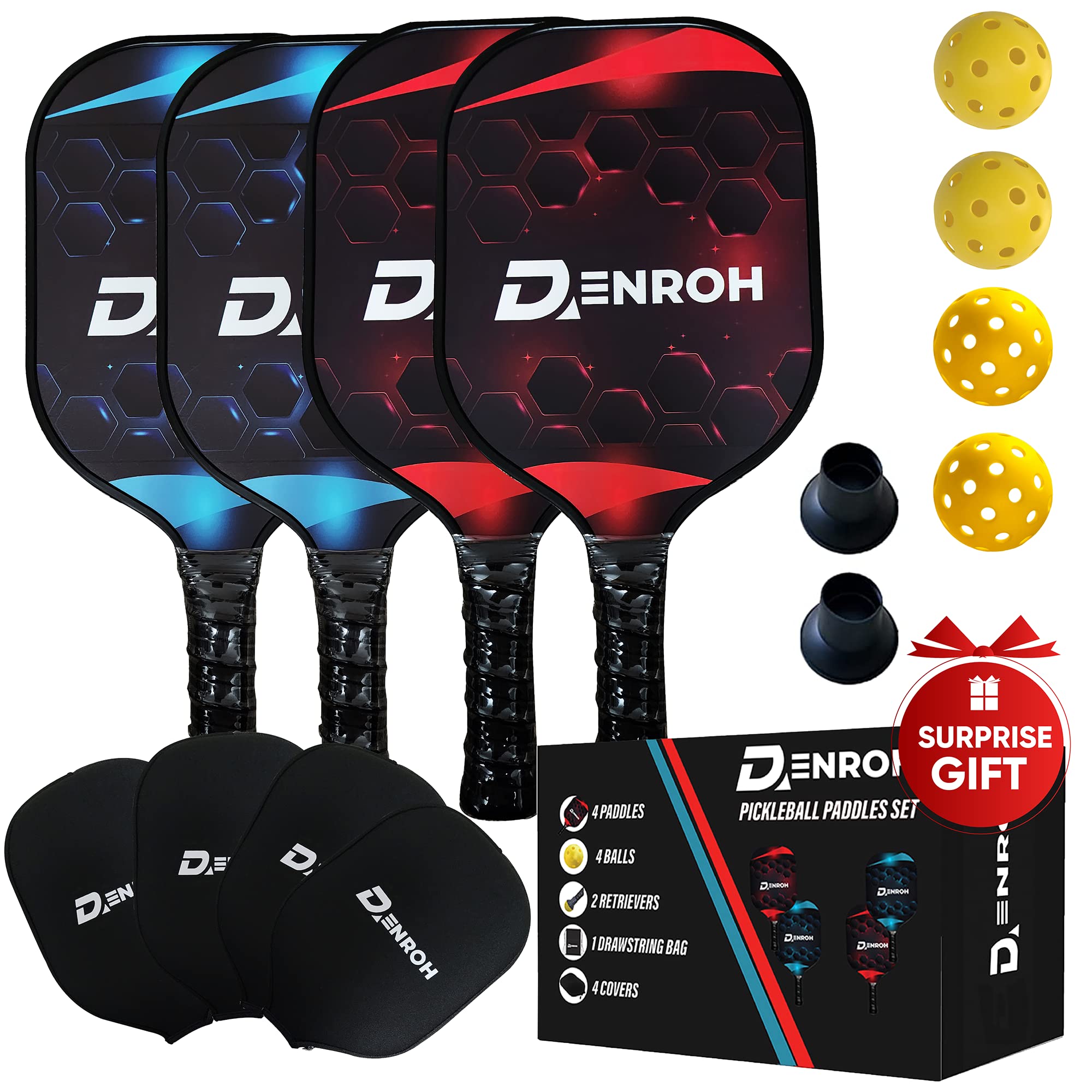 DENROH Pickleball Paddle Set of 4 – Carbon Fiber Pickleball Paddle Set with Balls, Retrievers, Covers – Premium Lightweight Graphite Paddle Racket Set with Accessories – Pickleball Gifts for Men Women
