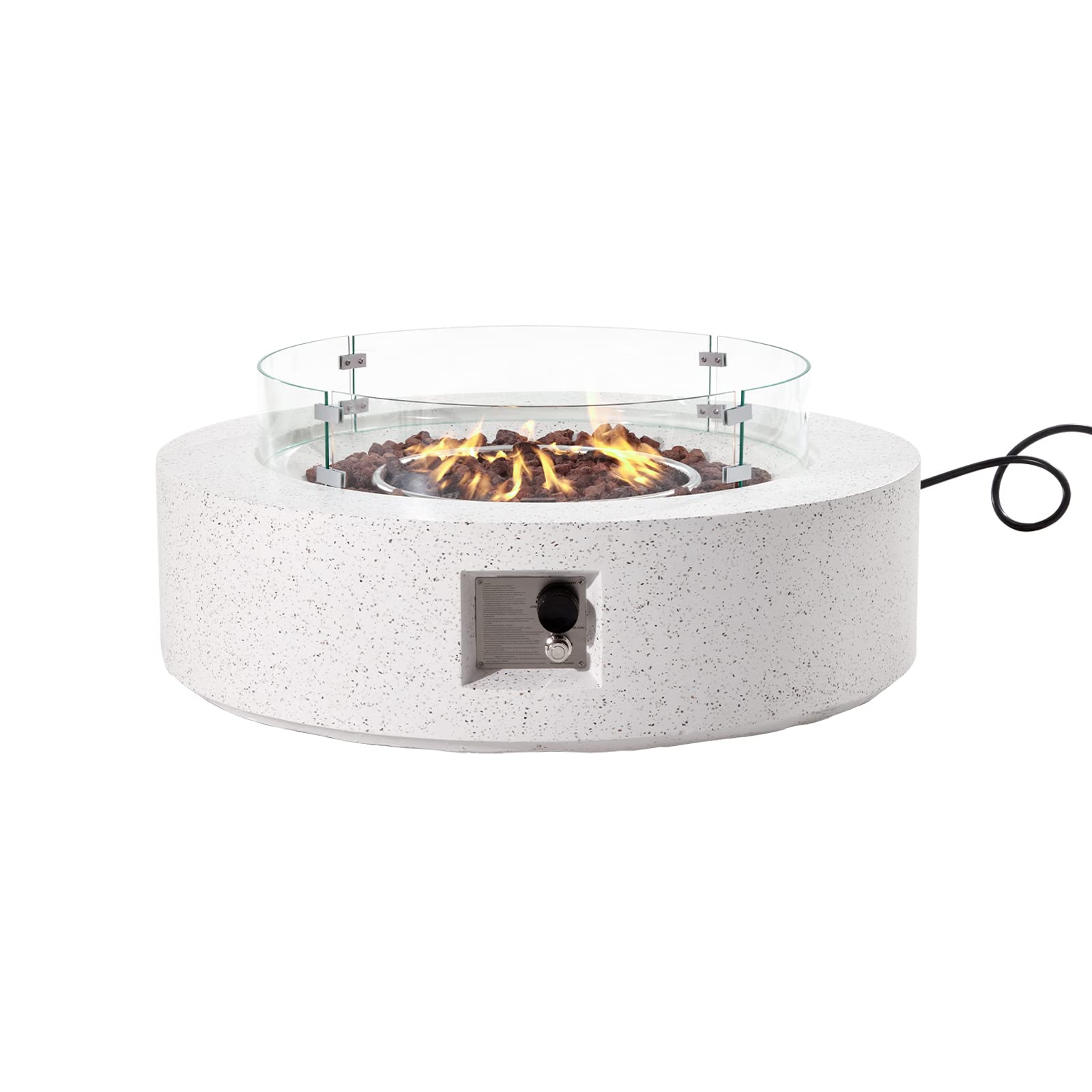 HOMPUS Propane Patio Fire Pit Table with Wind Guard, Lava Rocks and Rain Cover for Outdoor Leisure Party, 50,000 BTU 42-inch Round White Sandstone Concrete Fire Table