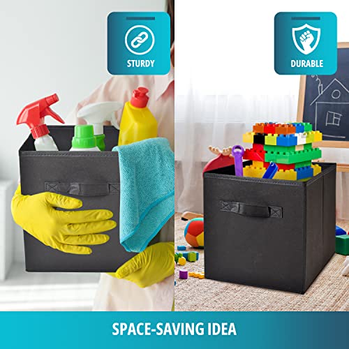 Klozenet 11 inch cube storage bins 8-pack, Fabric Collapsible Storage Bins Durable and Sturdy With Handle For Closet Shelves, Storage, Books, Cloth and Toys/ foldable Cubby Organizer, (Black)