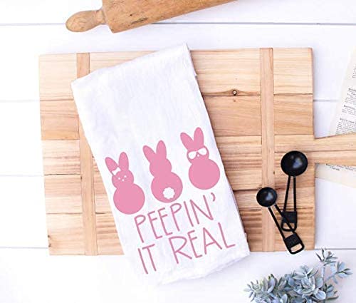 Handmade Happy Easter Kitchen Towels - 100% Cotton Pink Peepin It Real Cute Easter Dish Towel for Kitchen or Bathroom - 28x28 Inch Cute Housewarming Spring Cooking Party (Peepin It Real)