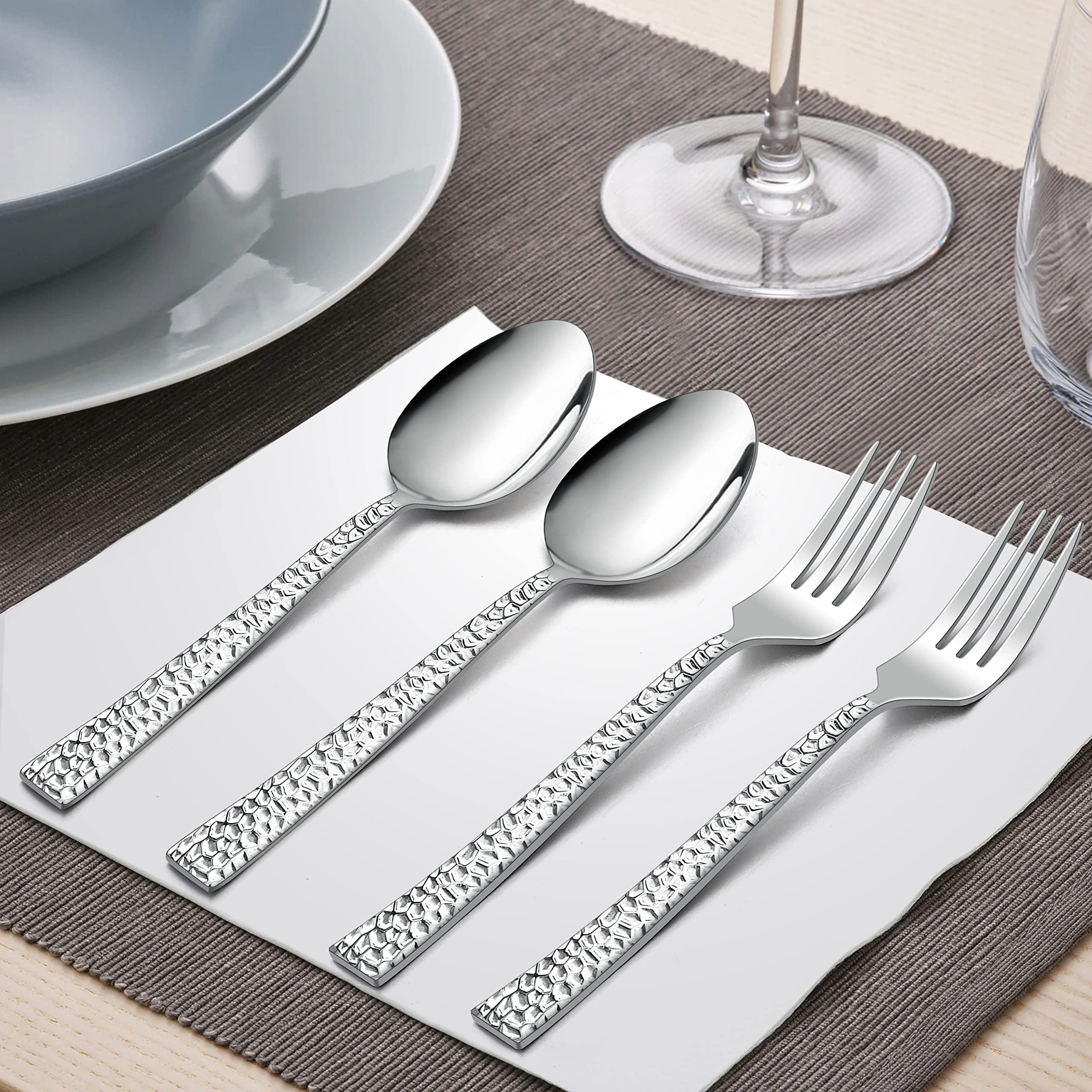 Hammered Silverware Set, HaWare 60-Piece Stainless Steel Flatware Set for 12, Modern Eating Utensils Tableware Cutlery Set for Kitchen Hotel Restaurant Party, Mirror Polished - Dishwasher Safe