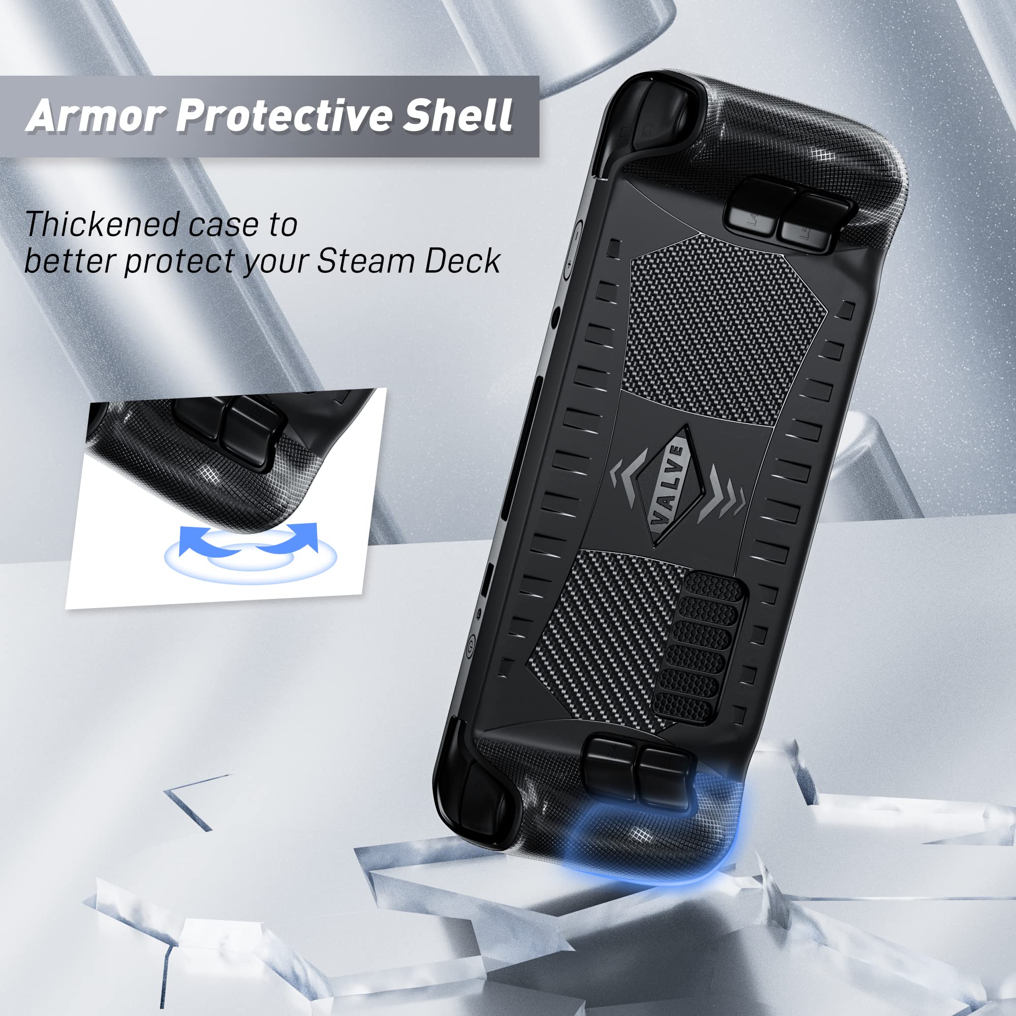 FANPL TPU Case for Steam Deck Case, Protective Cover Compatible with Valve Steam Deck Console, Game Accessories with 2 Glass Screen Protectors, 4 Thumb Grip Caps, Non-Slip, Anti-Scratch - Black