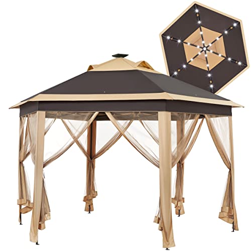 Topeakmart Instant Pop-up Gazebo 13 x 13 Canopy Tent Shelter with 25 Solar LED Lights, Mesh Netting Sides, Storage Bag, Bonus Weight Sandbags, Stakes, Ropes, Khaki & Brown