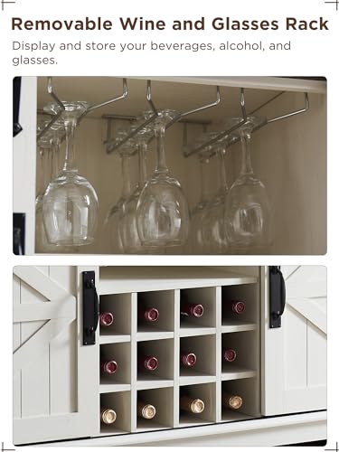 OKD Farmhouse Buffet Cabinet with Storage, 54" Sideboard with 3 Drawers, Sliding Barn Door, Wine and Glass Rack, Storage Shelves, Liquor Coffee Bar Cupboard for Kitchen, Dining Room, Antique White