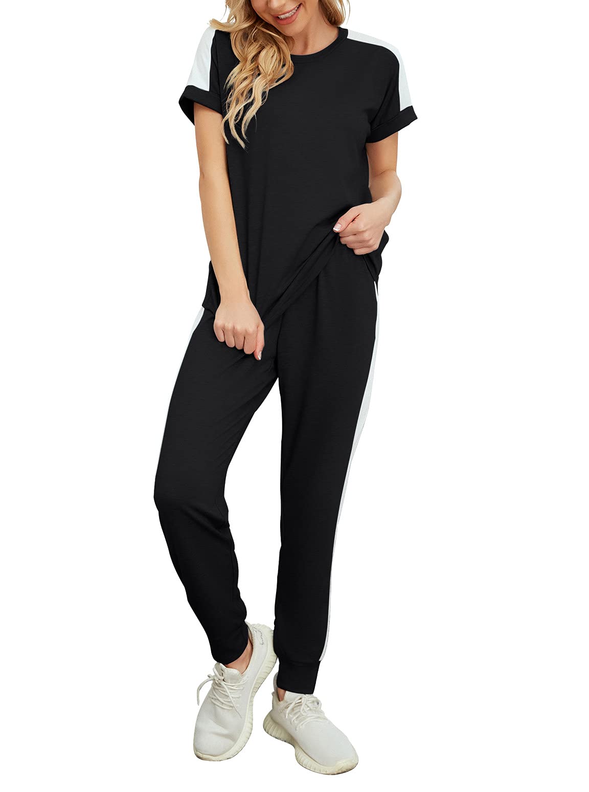 DEARCASE Women's 2 Piece Outfits Casual Short Sleeve Top Long Pant Sweatsuits Tracksuits Black Large