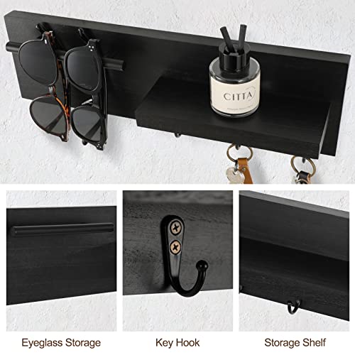 Lucundm Key Holder for Wall, Decorative Entryway Shelf with Hooks Holds Keys, Dog Leash, Sunglasses β Key Hanger with 3 Hooks Organizes, Enhances Home Decor (15β x 4.5β x 2.6β) (Black)