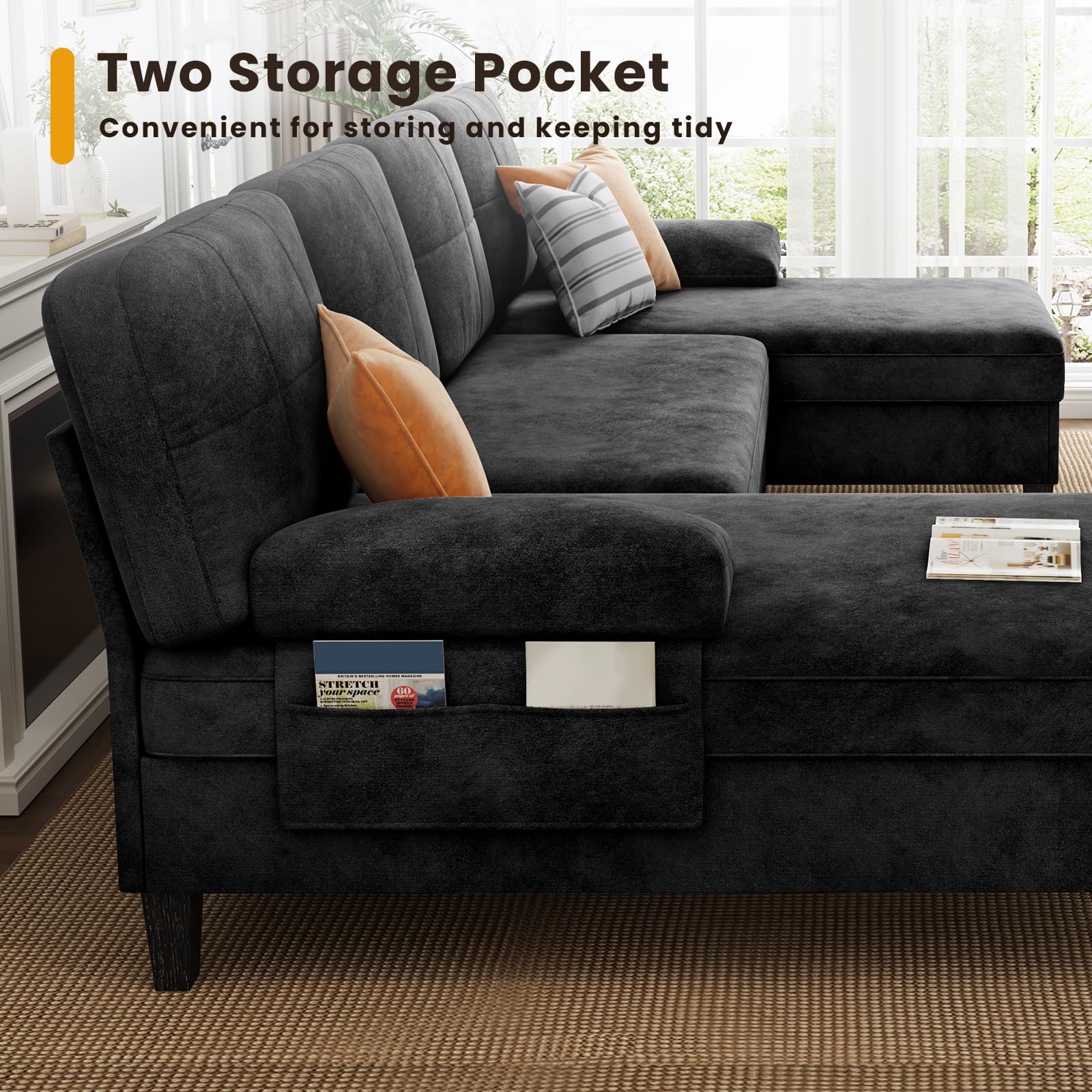 KKL Convertible Sectional Sofa Couch, Couch with Double Chaise, 100 Inch U Shaped Modern Modular Sofa, 4 Seat Sofa Set for Living Room, Chenille, Black