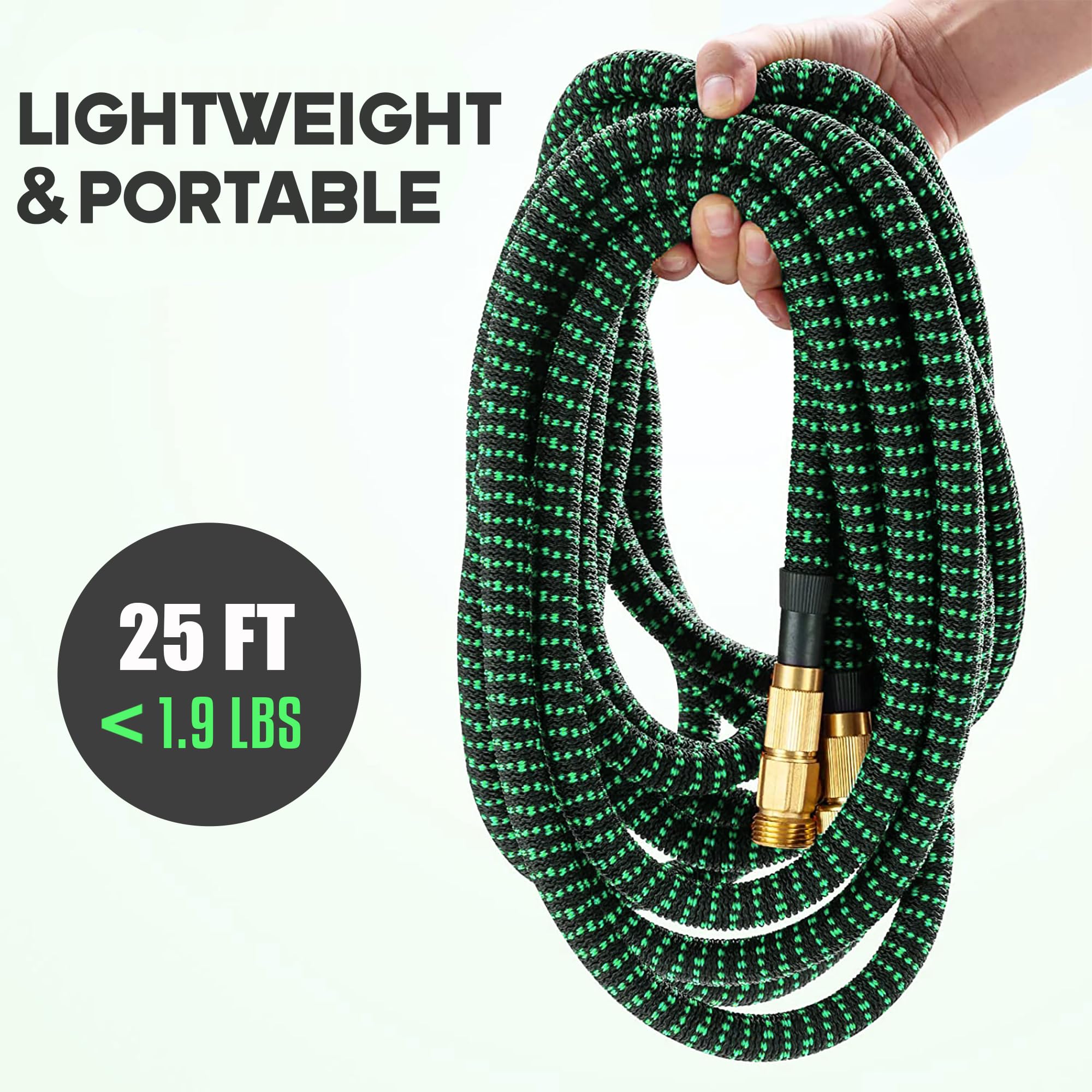 Expandable Garden Hose 25 ft Water Hose with 10 Function Spray Nozzle, Lightweight Flexible Hose with 3/4 Inch Solid Fittings and 5-Layer Latex Core, 25ft Retractable Stretch Hose (Black & Green)