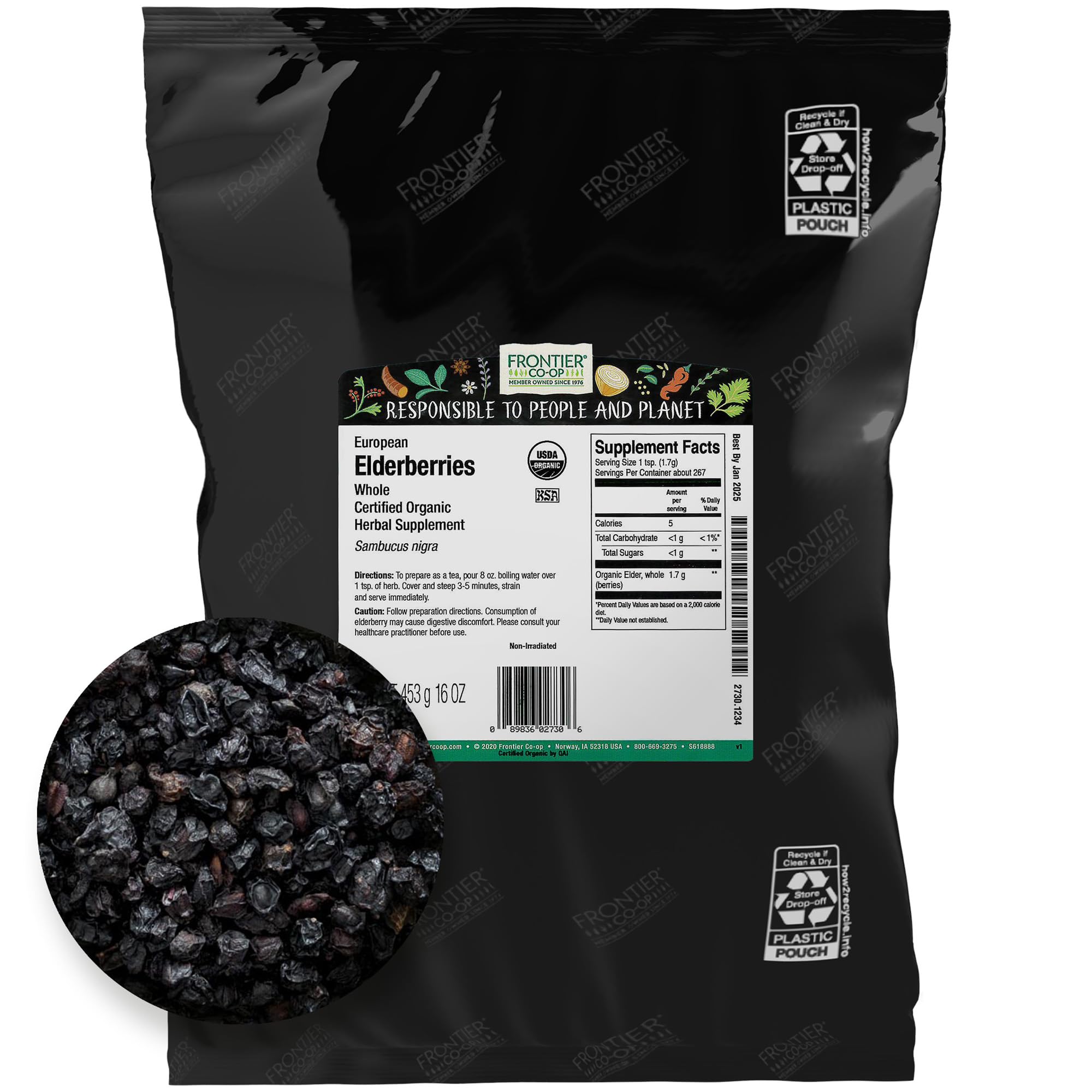 Frontier Co-op Organic Dried Elderberries, 1lb Bulk Bag, European Whole | Kosher & Non-GMO | Organic Elderberry Berries Dried, for Immune Support