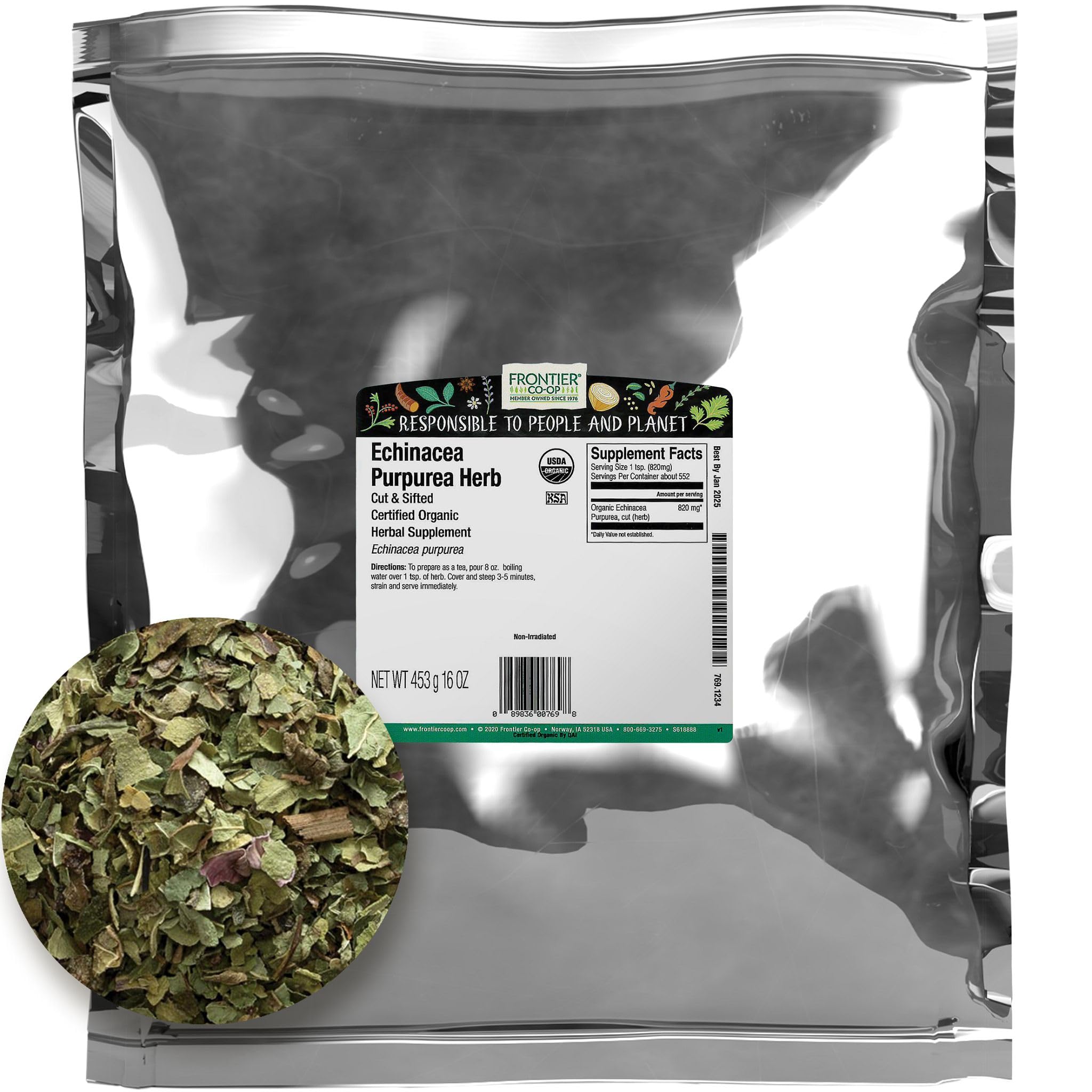 Frontier Organic Echinacea Purpurea Herb, 16 Ounce, Organic Purple Cornflower For Tea, Soup, Lemongrass, Mildly Minty, Kosher
