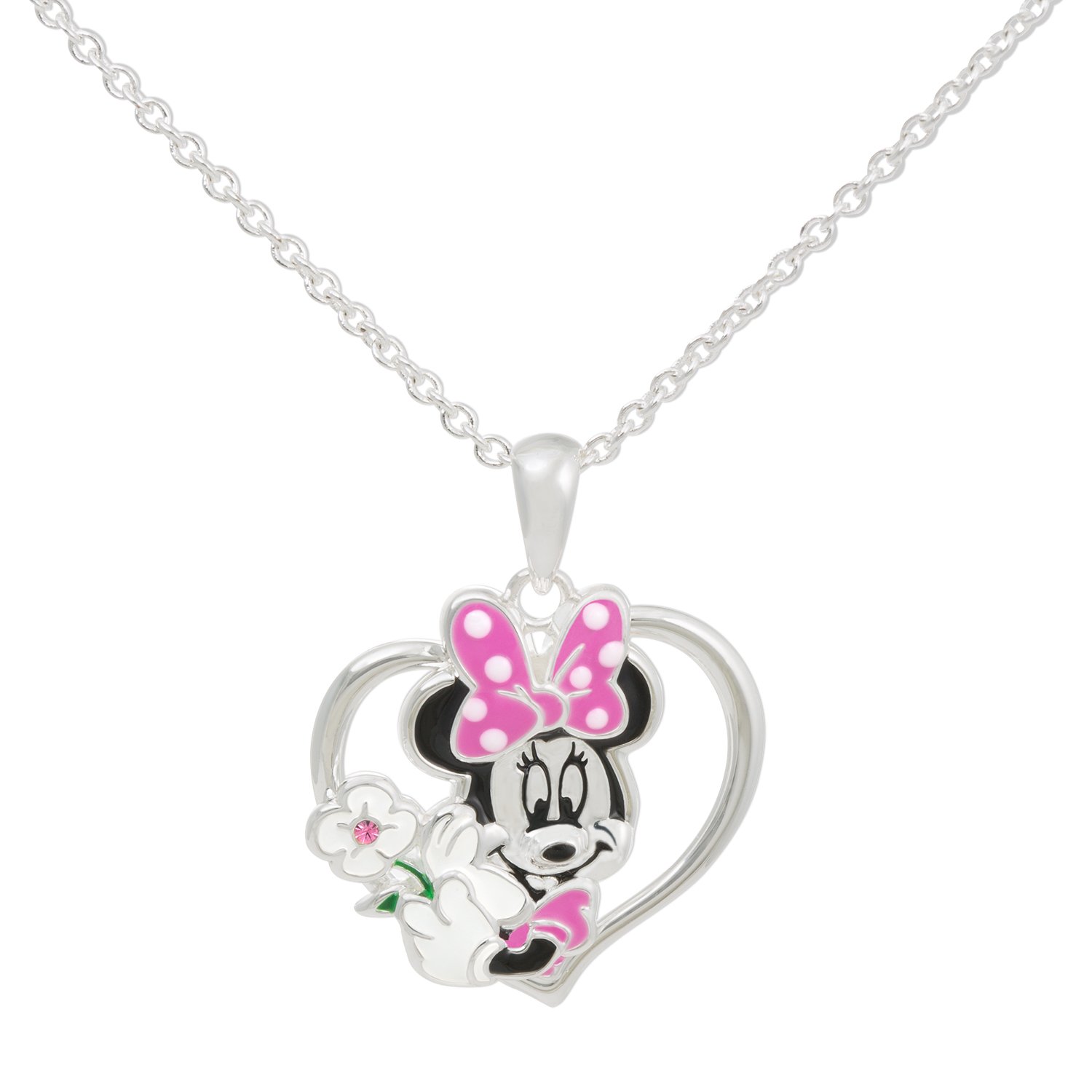 Disney Necklace, Minnie Mouse Heart Crystal Pendant, Silver Plated, 18"