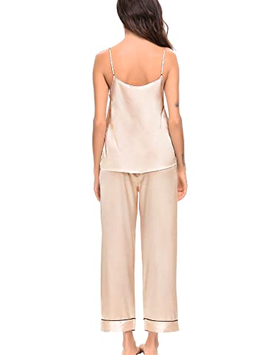 SWOMOG Womens Silk Satin Pajamas Set Two-Piece Pj Sets Cami Top and Capris Pants Sleepwear