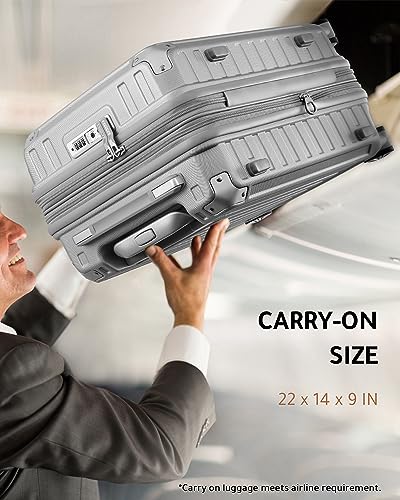 LUGGEX PC Carry On Luggage 22x14x9 Airline Approved - Expandable Hardside Luggage with Spinner Wheels - 4 Metal Corner Hassle-Free Travel (Silver Suitcase)
