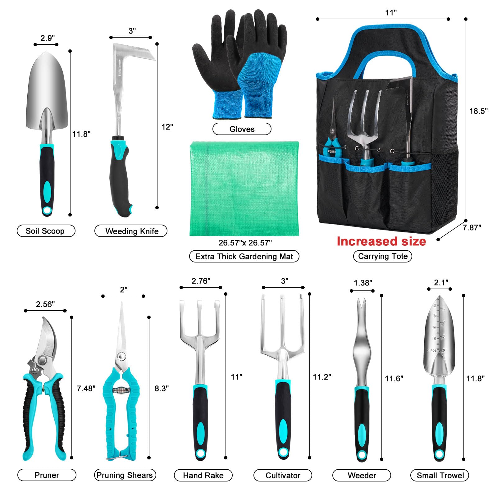 Garden Tool Set with Non Slip Rubber Grip,11 Piece Stainless Steel Gardening Tool Sets,Thickened Repotting Mat & Storage Tote Bag,Heavy Duty Outdoor Hand Tools Uprooting Weeding Tool, Ideal Gifts Blue