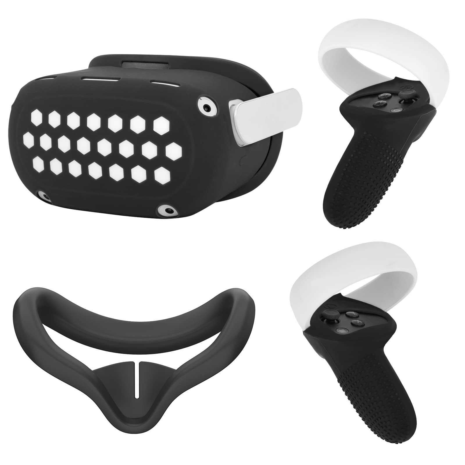for Oculus Quest 2 Accessories, Quest 2 VR Silicone face Cover, VR Shell Cover, Touch Controller Grip Cover(Black)