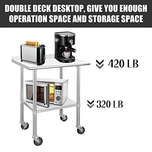 VKKILPEE Stainless Steel Table for Prep & Work 24 x 30 Inches with Caster Wheels, Kitchen Island Cart, NSF Commercial Heavy Duty Table with Undershelf & Backsplash for Restaurant, Home and Hotel