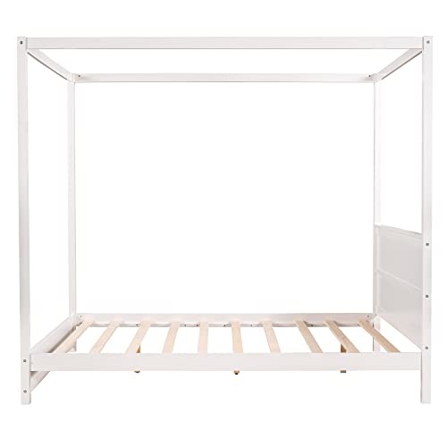LCH Queen Size Wooden Platform Bed Frame with Headboard and Support Legs for Bedroom, White