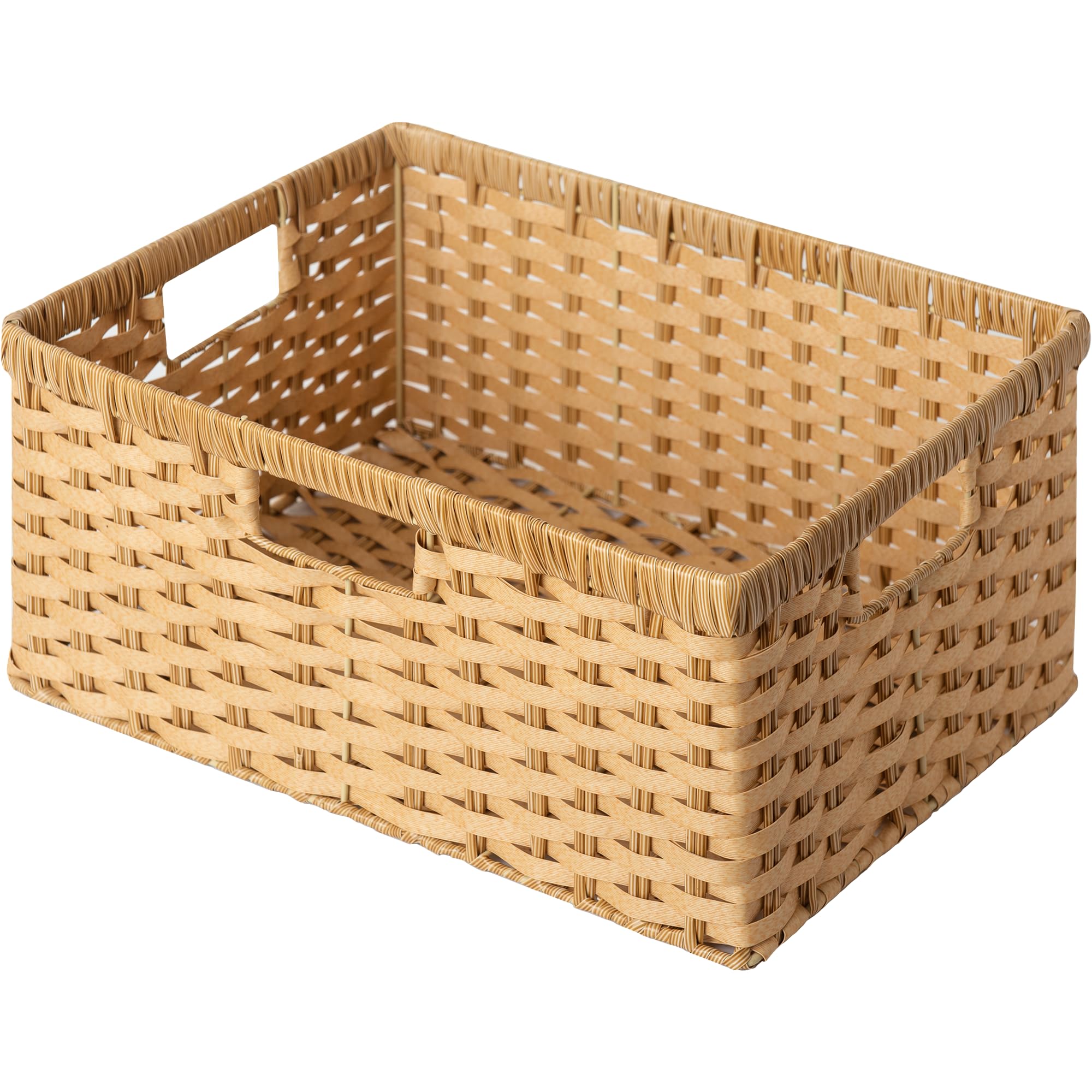 Labcosi Large Wicker Basket, Plastic Wicker Storage Basket, Wicker Storage Basket for Bathroom, Plastic Storage Bin with Built-in Handles, Natural Tan, 15 "L x 11 "W x 6.75 "H, 1 Pack