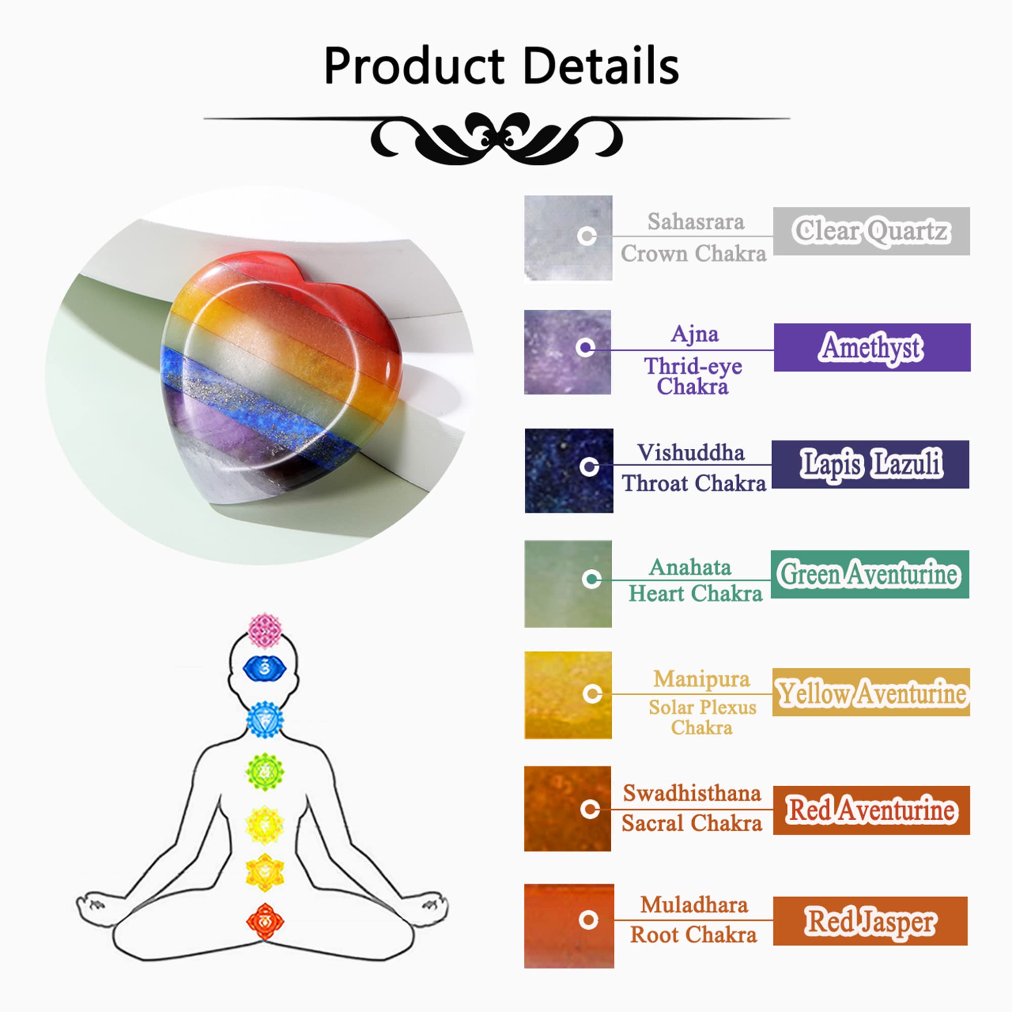 CrystalTears Chakra Worry Stone for Anxiety Heart Shape 7 Chakra Healing Crystals Pocket Palm Stone Thumb Worry Stone Anxiety Crystal for Stress Relief Chakra Healing Meditation Crystal Therapy