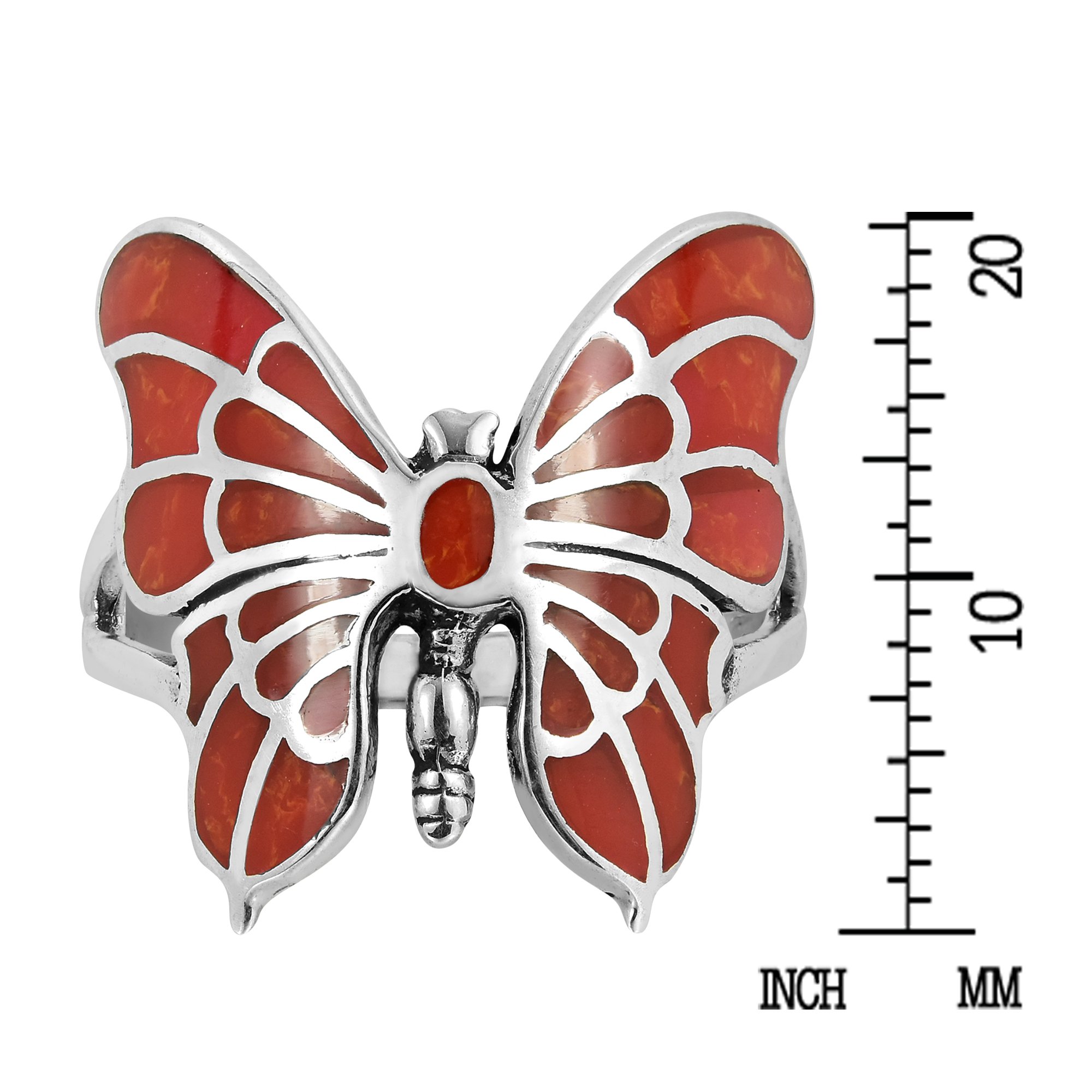 Exotic Graceful Butterfly Reconstructed Red Coral Inlay .925 Sterling Silver Ring (9)