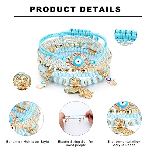 DOLOTTA 6 Sets Bohemian Stackable Bead Bracelets for Women Stretch Multilayered Beaded Bracelet Crystal Beaded Lucky Protection Evil Eye Hamsa Hand Bracelet Set
