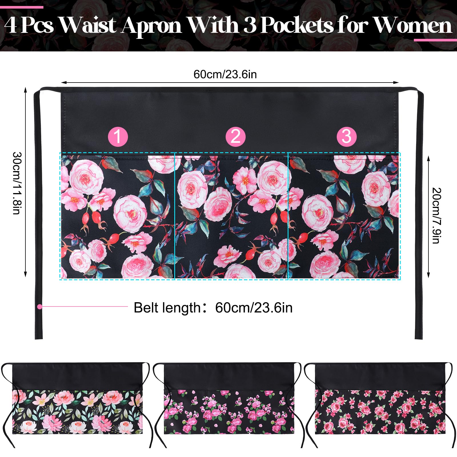 Handepo 4 Pack Teachers Waist Aprons for Women Waist Length Aprons with Pockets Design Adjustable Waist Tie Half Apron for Kitchen Garden Work