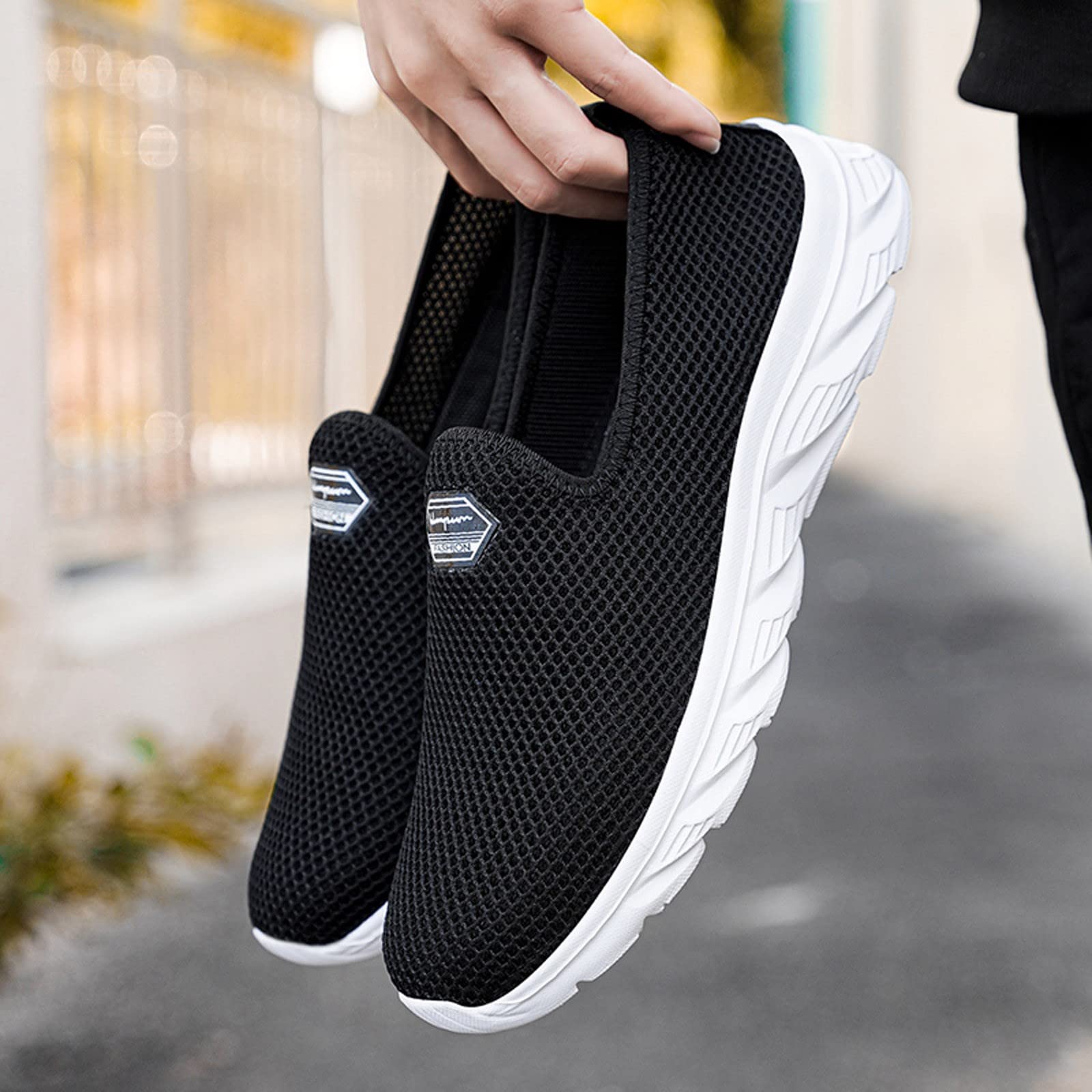 FASDNENDYS Fashion Men Mesh Casual Hollow Out Sport Shoes Slip On Solid Color Running Breathable Soft Sneaker Ornament for Men White