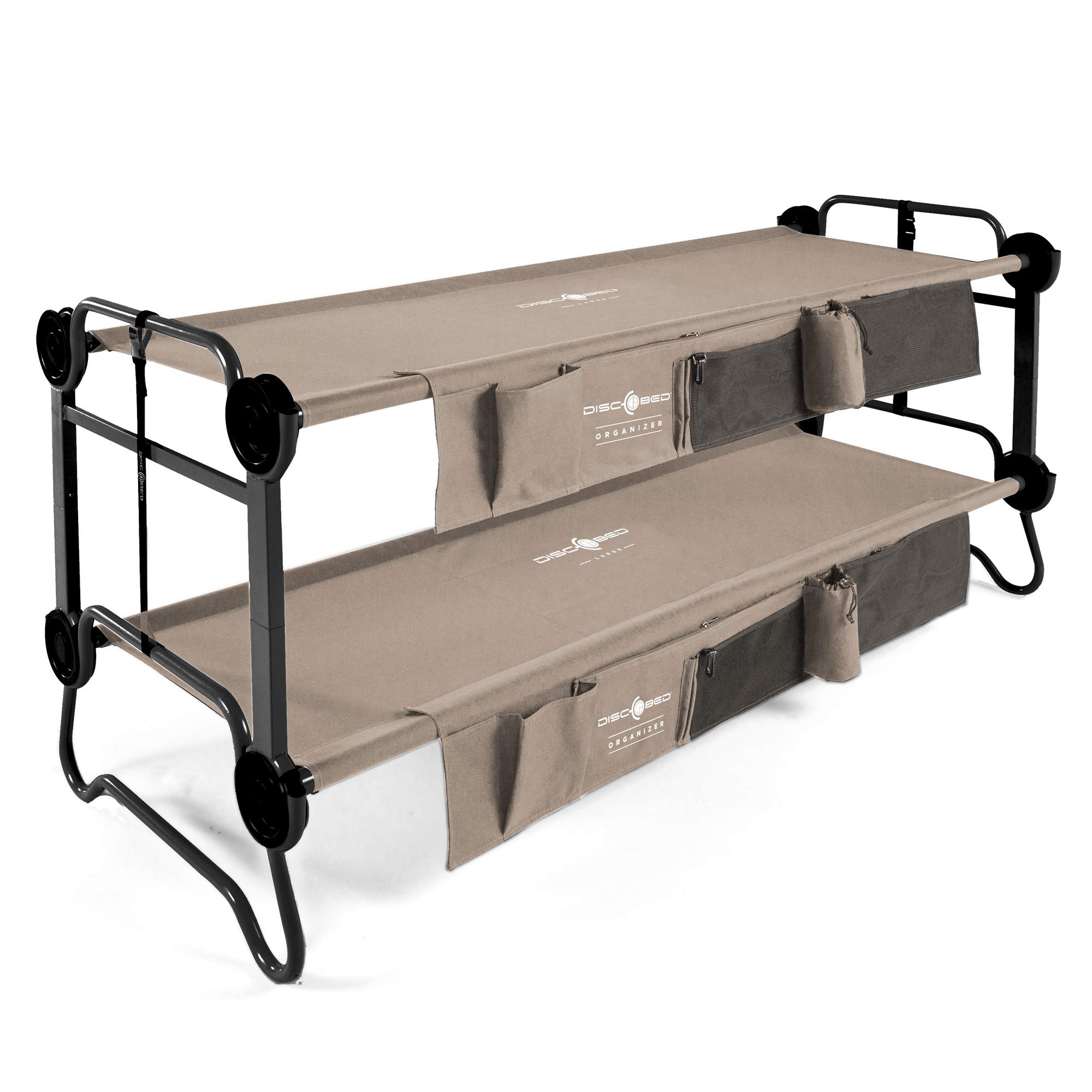 Disc-O-Bed 30901BO Large and Youth Cam-O-Bunk 2 Person Bench Bunked Double Camping Bunk Bed Cot with 2 Side Organizers, Tan (2 Pack)