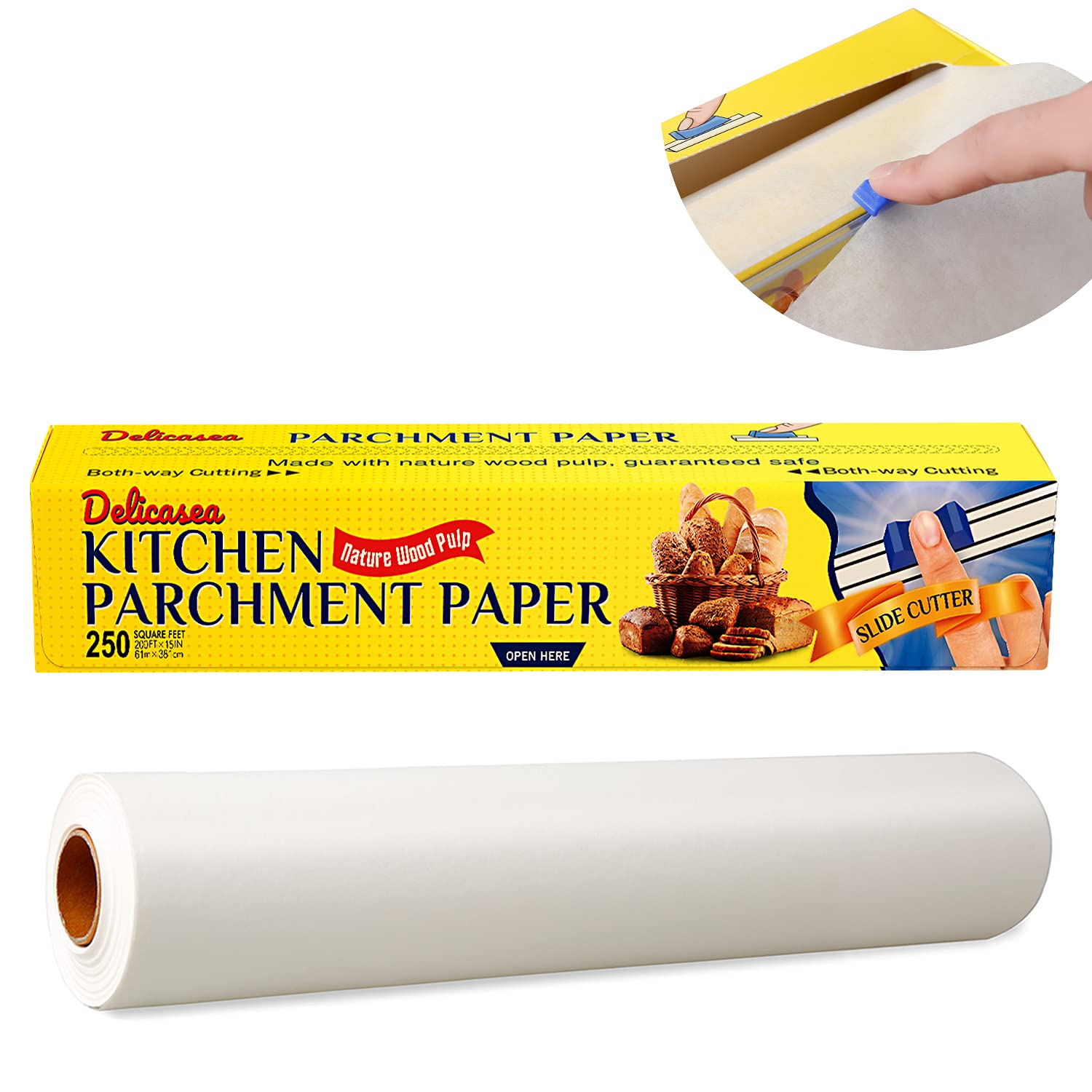 Delicasea 250 SQ FT Parchment Paper Roll for Baking 15 in x 200 ft with Slide Cutter, White Baking Paper Roll for Cooking, Roasting, Grilling