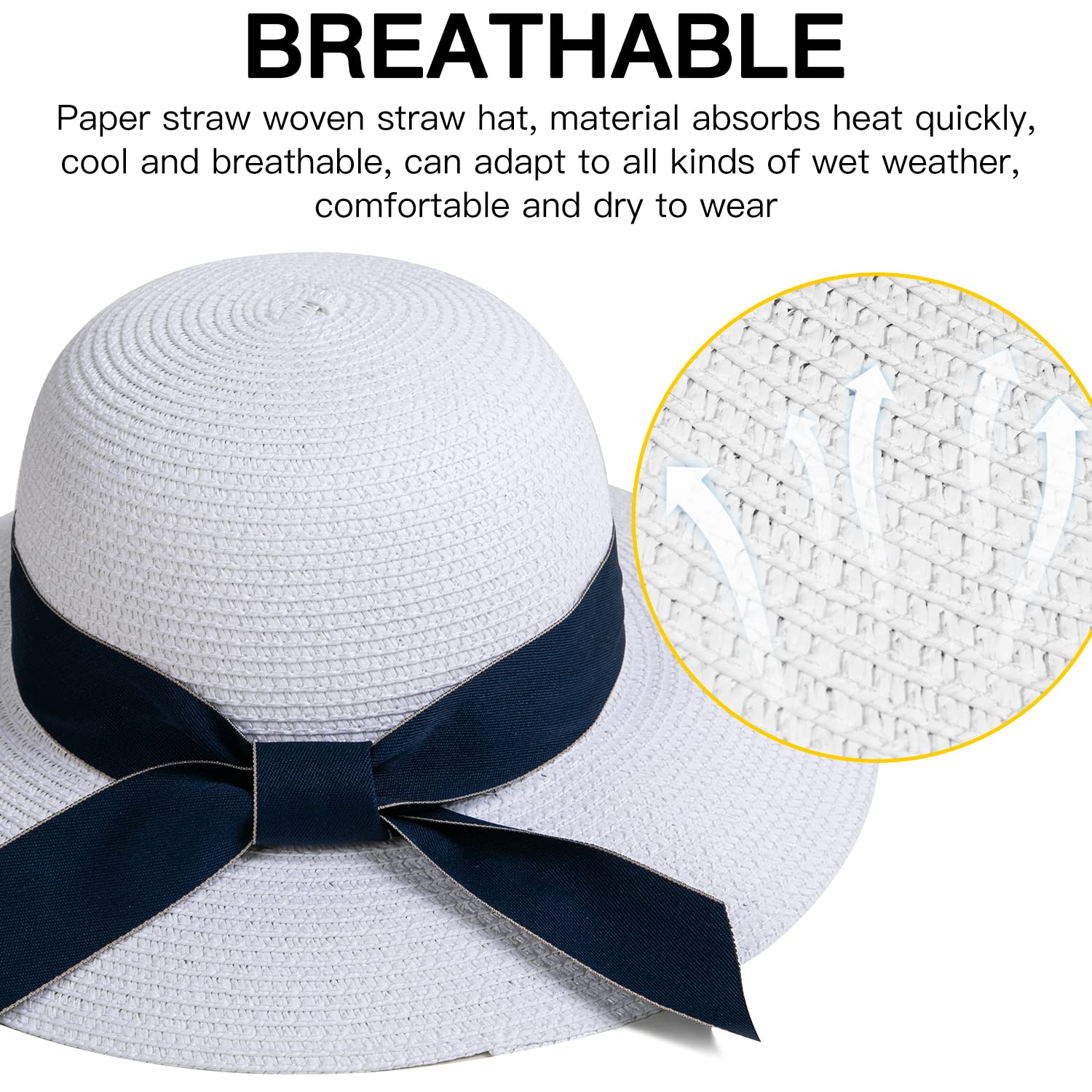 FARVALUE Women's Sun Beach Straw Hat Foldable Floppy Hats Summer UV Protection Wide Brim Travel Beach Cap White