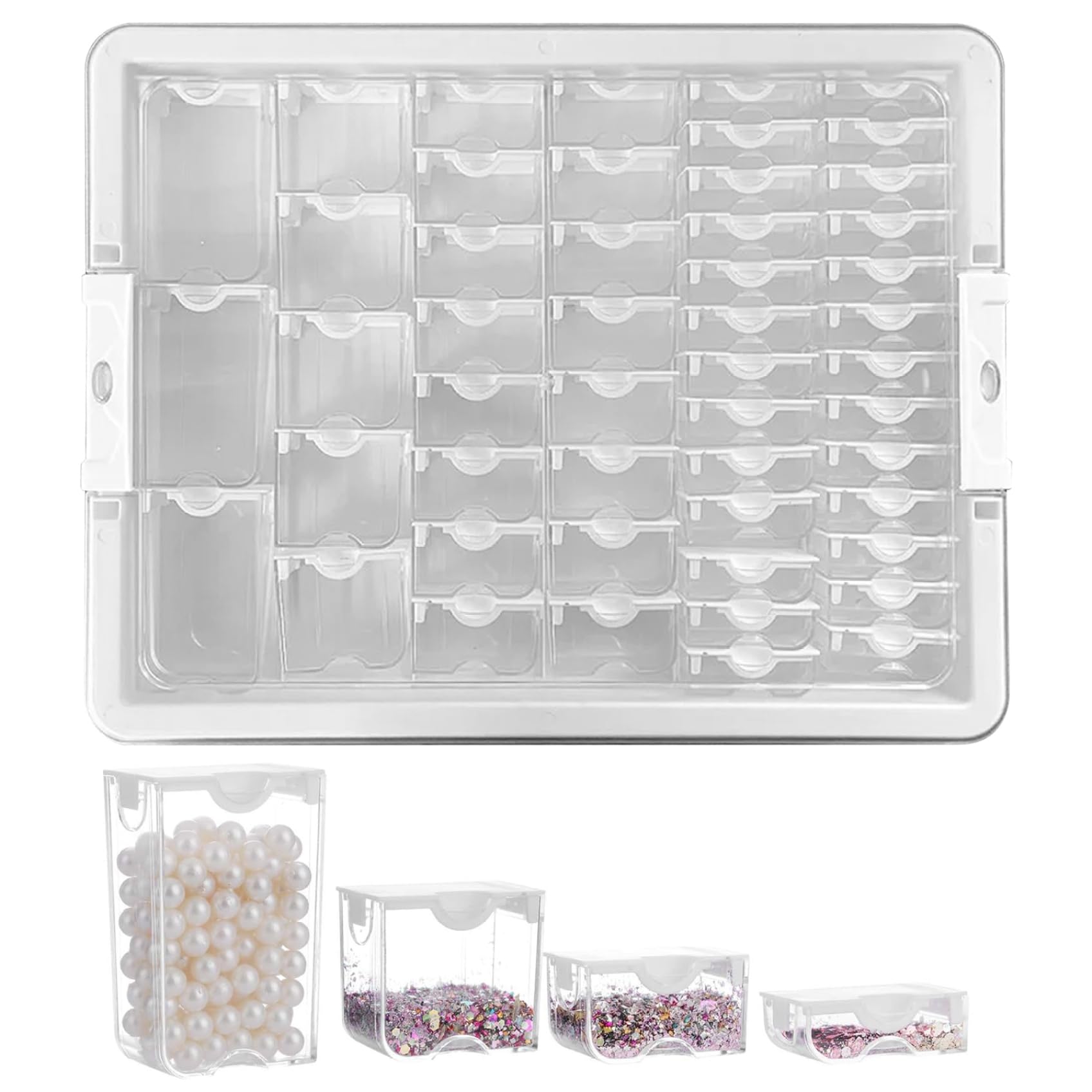 KDAMGOQE Bead Storage Containers 1 Set Bead Storage Solutions Includes 50 Clear Removable Bead Storage Containers with Snap Shut Lid, Plastic Bead Organizer Box for Nail Art Rhinestone Jewelry
