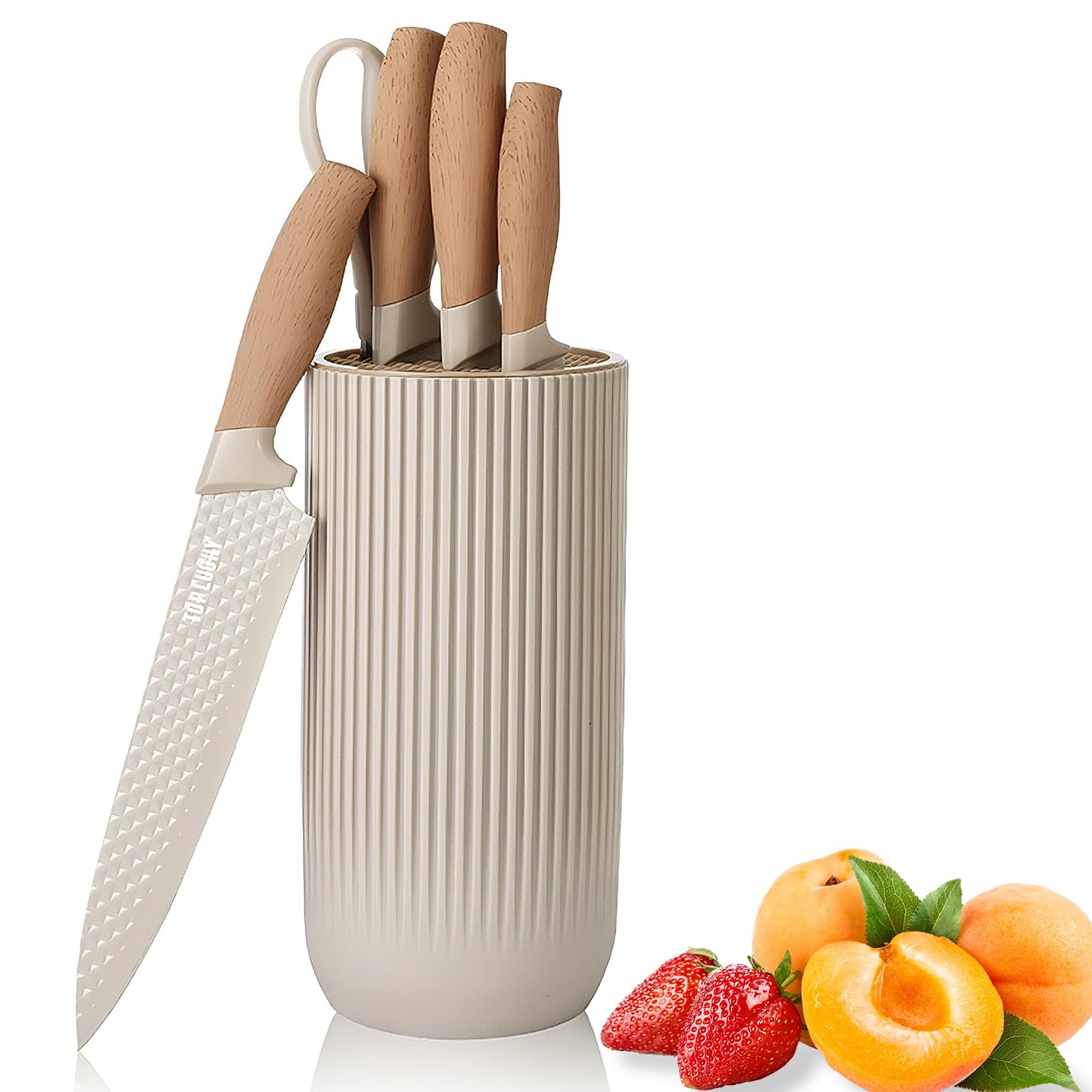 Knife Set, 6-Piece Versatile Kitchen Knife Set Khaki Sharp Knife Sets for Kitchen with Block Professional Chef Knife Block Set, Anti-Rust Stainless Steel Knives Set for Kitchen, Space Saver Knives Set