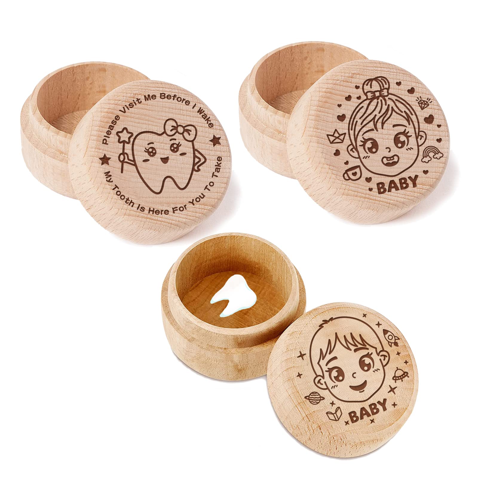 INFUNLY 3pcs/set Tooth Box for Kids Wooden Tooth Fairy Box Baby Teeth Keepsake Box Round Tooth Holders for Baby Shower Birthday Gift