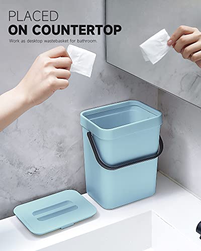 MONGTINGLU 1.3 Gallon Small Trash Can with Lid - Countertop Food Waste Bin, Kitchen Hanging Trash Can for Cabinet Door/Under Sink, Small Garbage Can for Desk, 5L(Subtle Blue)
