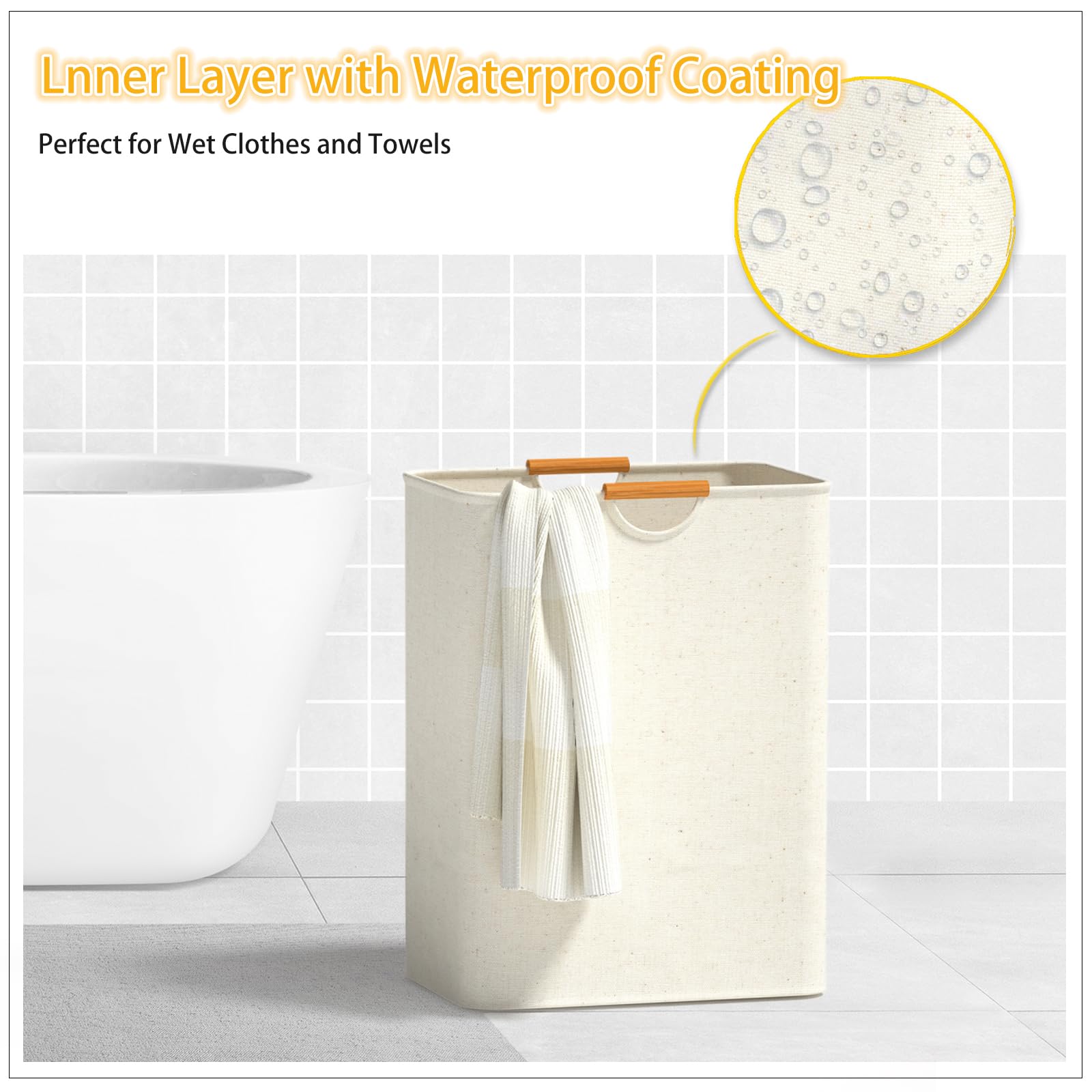 Neateam Laundry Basket, White Laundry Hamper with Handle Laundry Basket Dorm Waterproof Dirty Clothes Hampers for Bedroom Laundry Room Bathroom