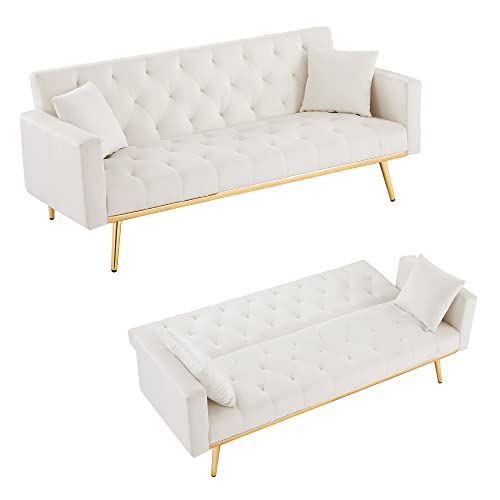 Tmosi Velvet 73'' Convertible Folding Futon Sofa Bed with Removable Armrests for Compact Living Space,Twin Size Loveseat Sofabed with 3 Adjustable Backrests for Bedroom (White)
