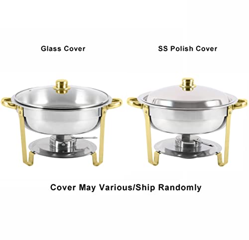 Restlrious Chafing Dish Buffet Set Stainless Steel Round Chafers and Buffet Warmers Sets 5QT 4 Pack, Complete Set for Buffet Catering w/Water Pan, Food Pan, Fuel Holder and Lid in Gold Accent