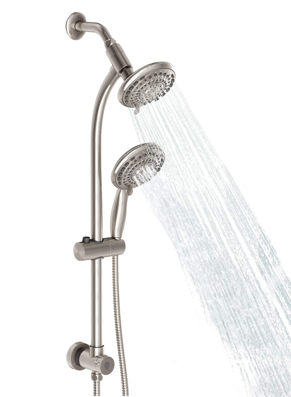 Egretshower Handheld Showerhead & Rain Shower Combo for Easy Reach, 27.5" Drill-free Stainless Steel Slide Bar, 5”of 5-setting Handheld Shower and Showerhead, with 5ft Hose -Brush Nickel