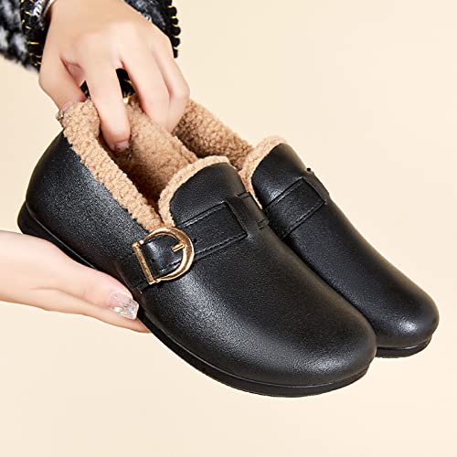 FASDNENDYS Fashion Winter Women Casual Shoes Flat Bottom Round Toe Solid Color Buckle Short Plush Warm and Comfortable Walking Black