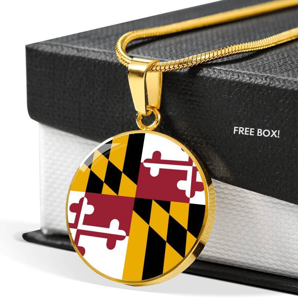 Express Your Love Gifts Maryland State Flag Necklace Stainless Steel or 18k Gold Circle Pendant 18-22"