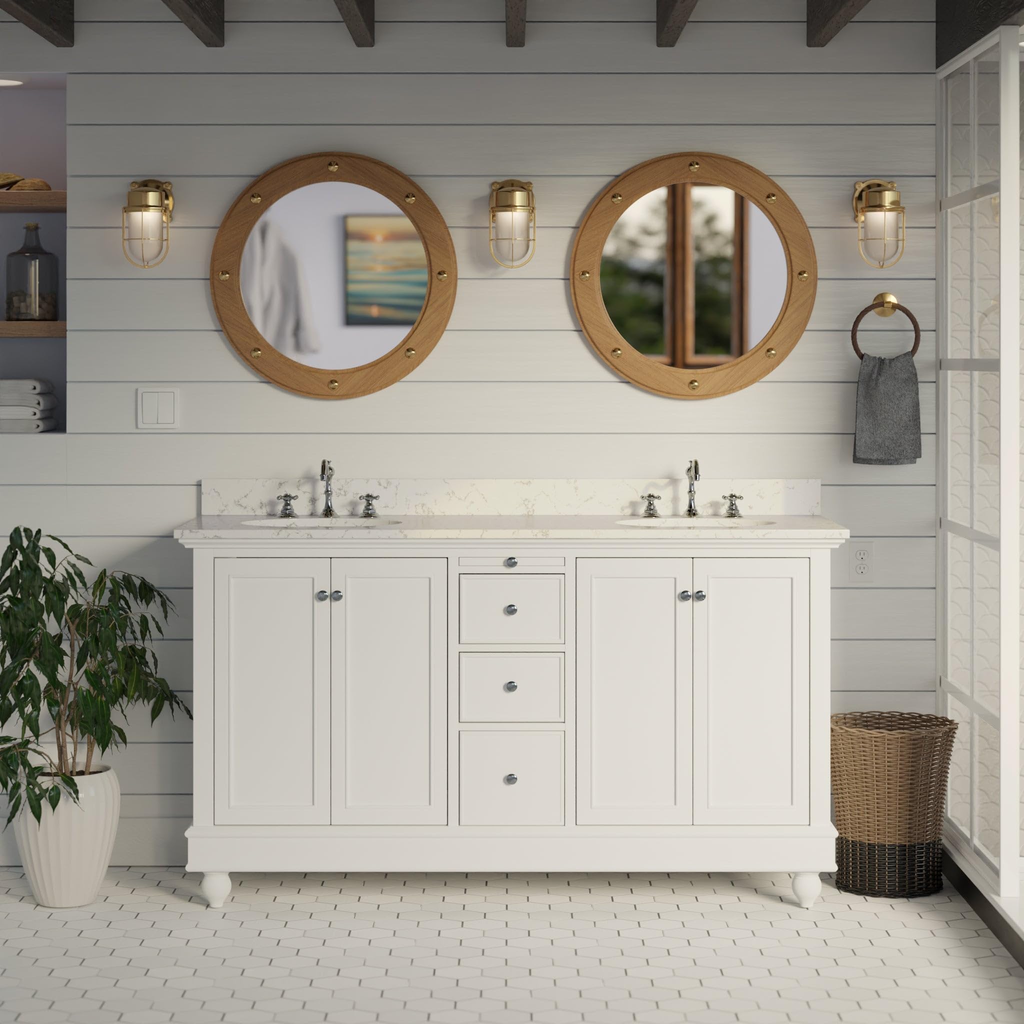 Kitchen Bath Collection Bella 60-inch Double Bathroom Vanity (Engineered Marble/White): Includes White Cabinet with Engineered Marble Countertop and White Ceramic Sinks