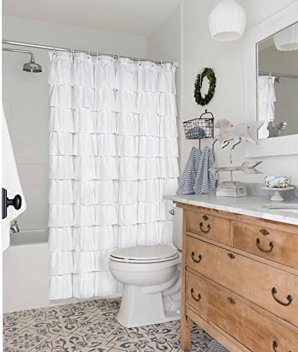 Volens White Shower Curtain Fabric/Ruffle for Bathroom,70in Long