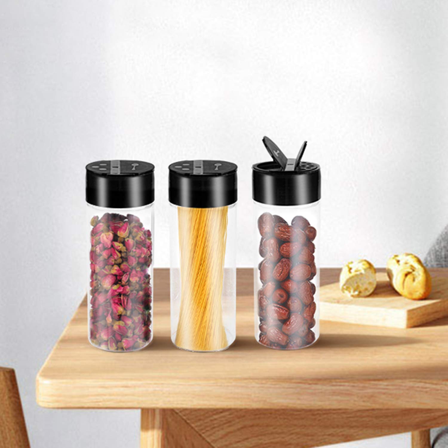 Foraineam 16 Pack - 17 oz. (500ml) Plastic Spice Jars Containers Bottles with Black Flip Cap To Pour Or Sifter Shaker - Perfect for Storing Spice, Powders and Herbs