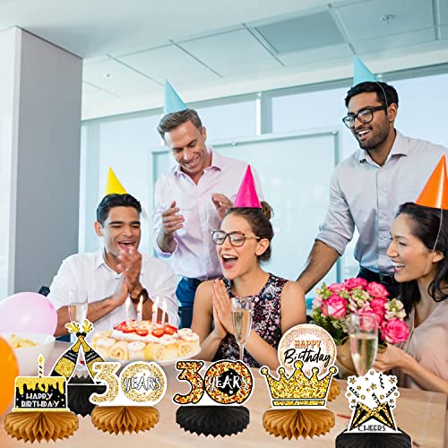 KIMOBER 9PCS 30th Birthday Honeycomb Centerpieces,Black Gold 30 Years Birthday Table Toppers for Thirty Years Birthday Party Decorations