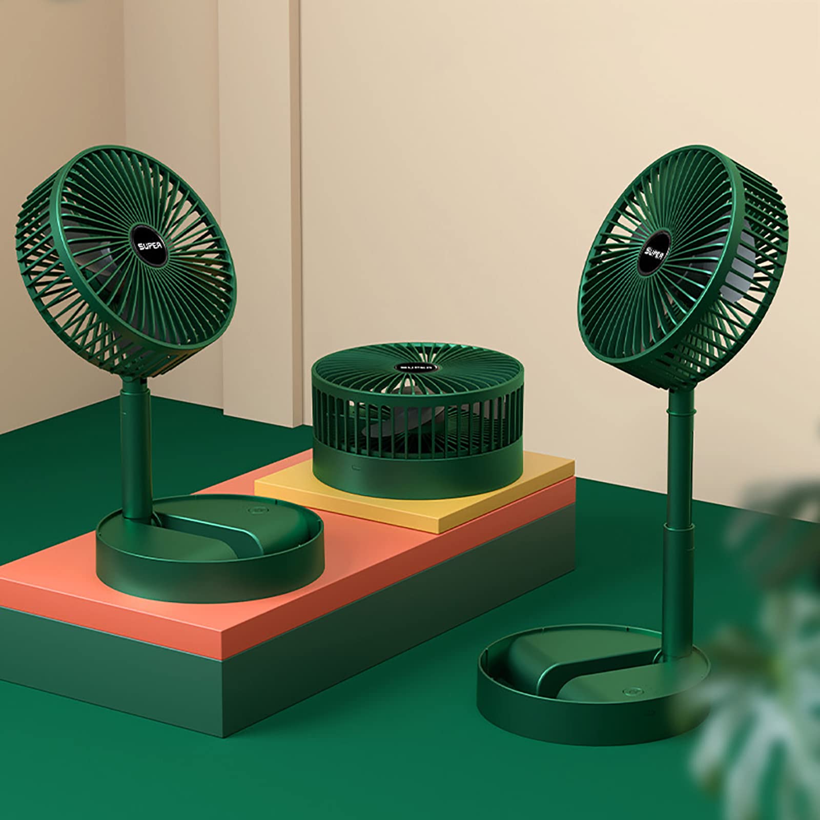 E I F E R Portable Folding Desk Fan with Phone Stand and Mini Storage Box, USB Rechargeable, 3 Speeds, for Desktop or Countertop Use, Green, Summer Essential Tool